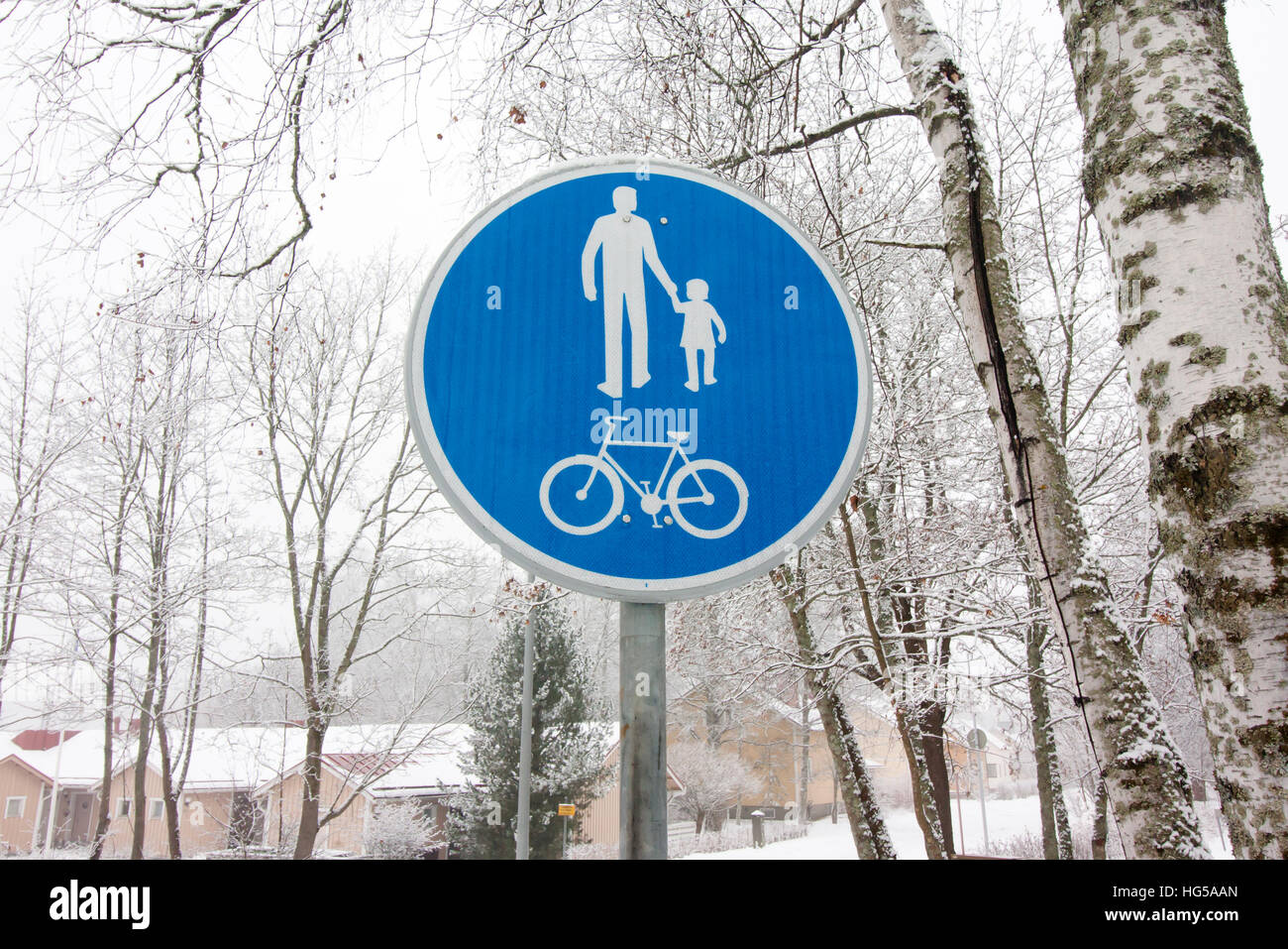 Bicycle and pedestrian lane road sign on pole post Stock Photo - Alamy