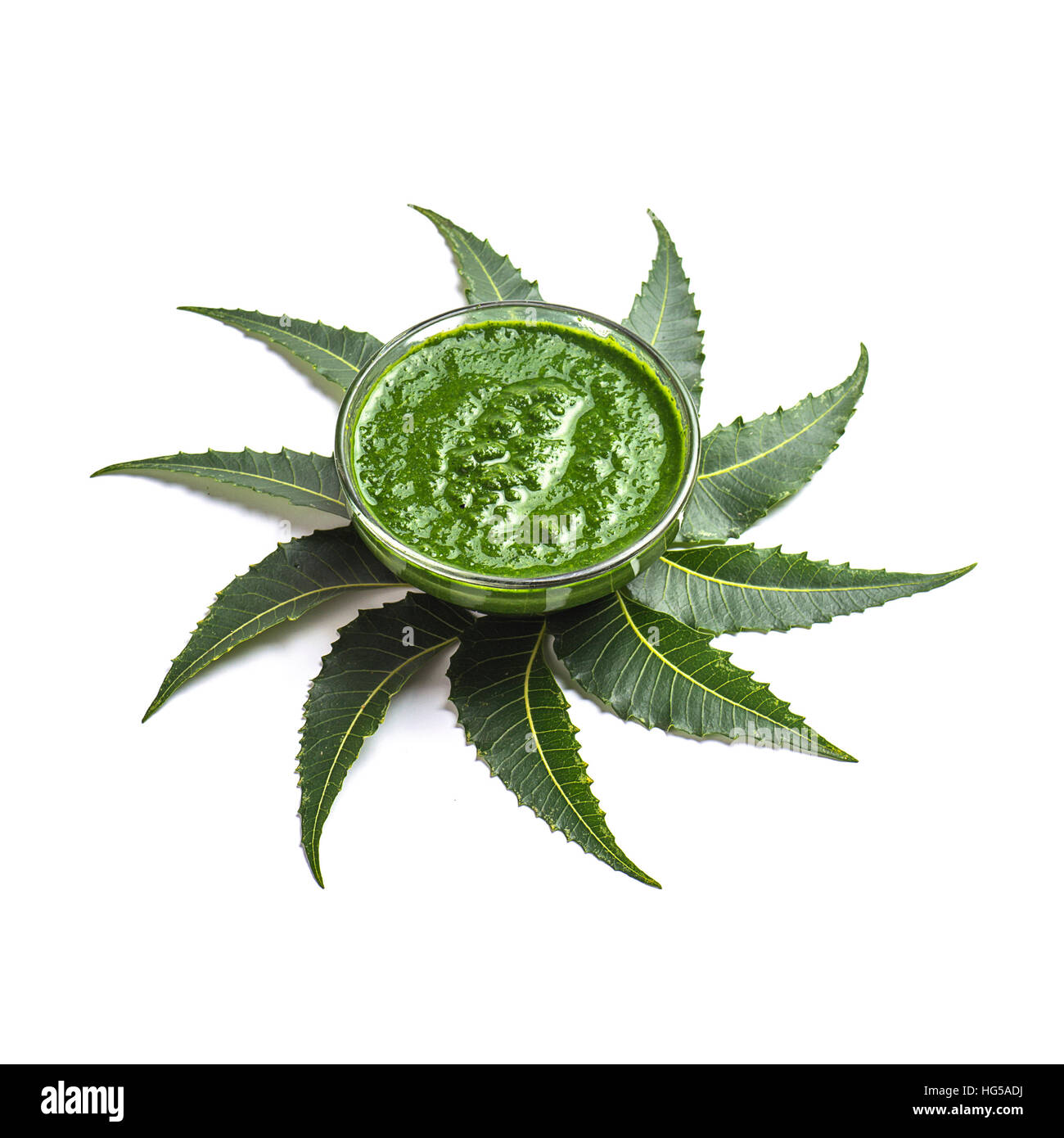 Medicinal Neem leaves with paste in bowl on white background Stock ...