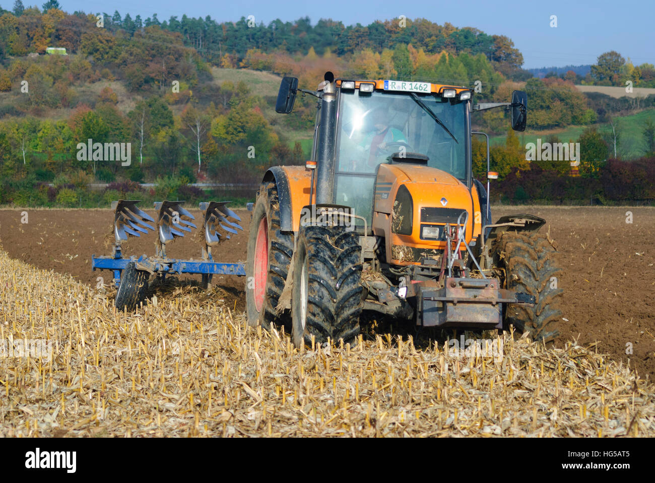 : Plowing a corn field, tractor, Oberpfalz, Upper Palatinate, Bayern ...