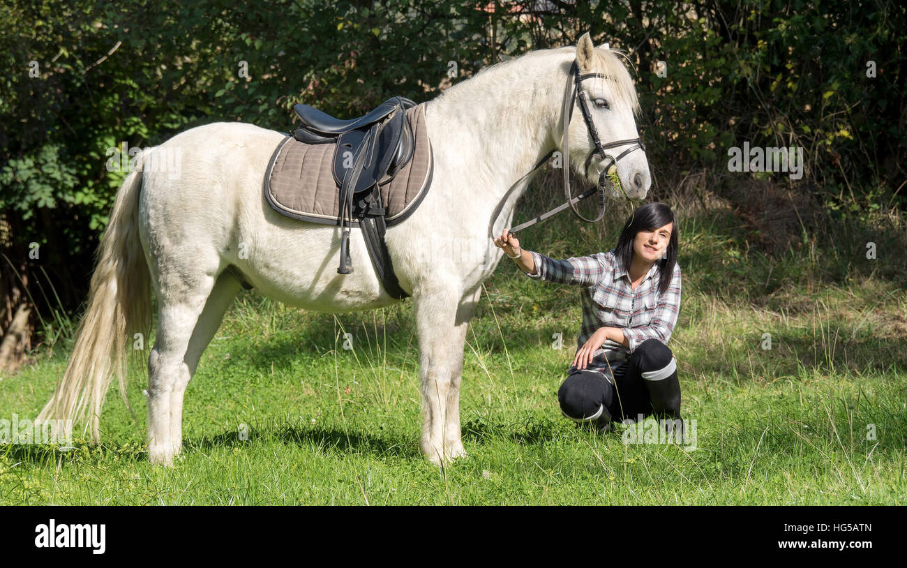young beautiful brunette woman riding white horse Stock Photo - Alamy