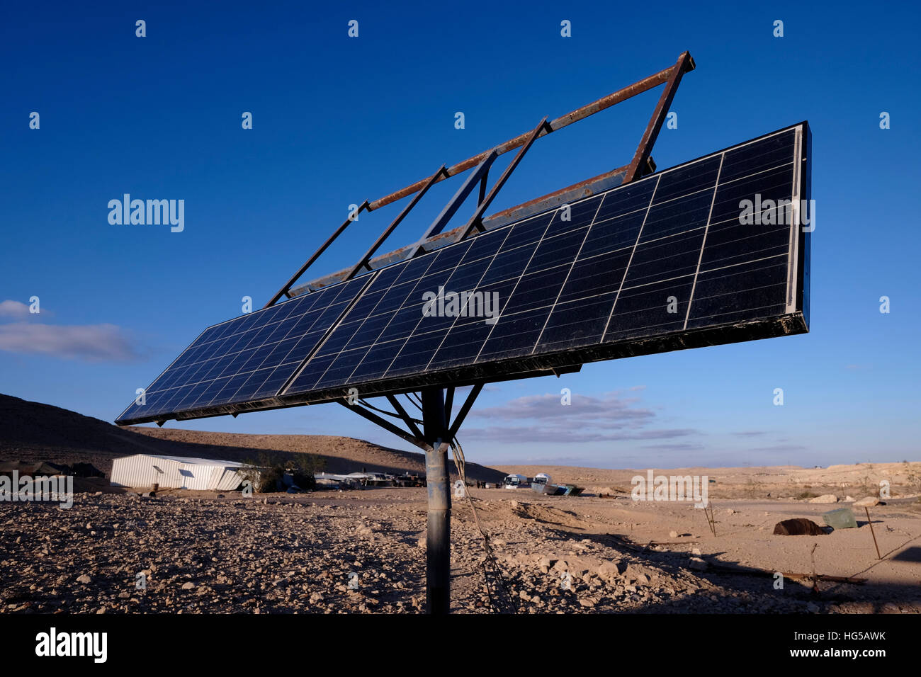 Solar energy panel at a pastoral nomadic Bedouin Azazme tribe compound ...