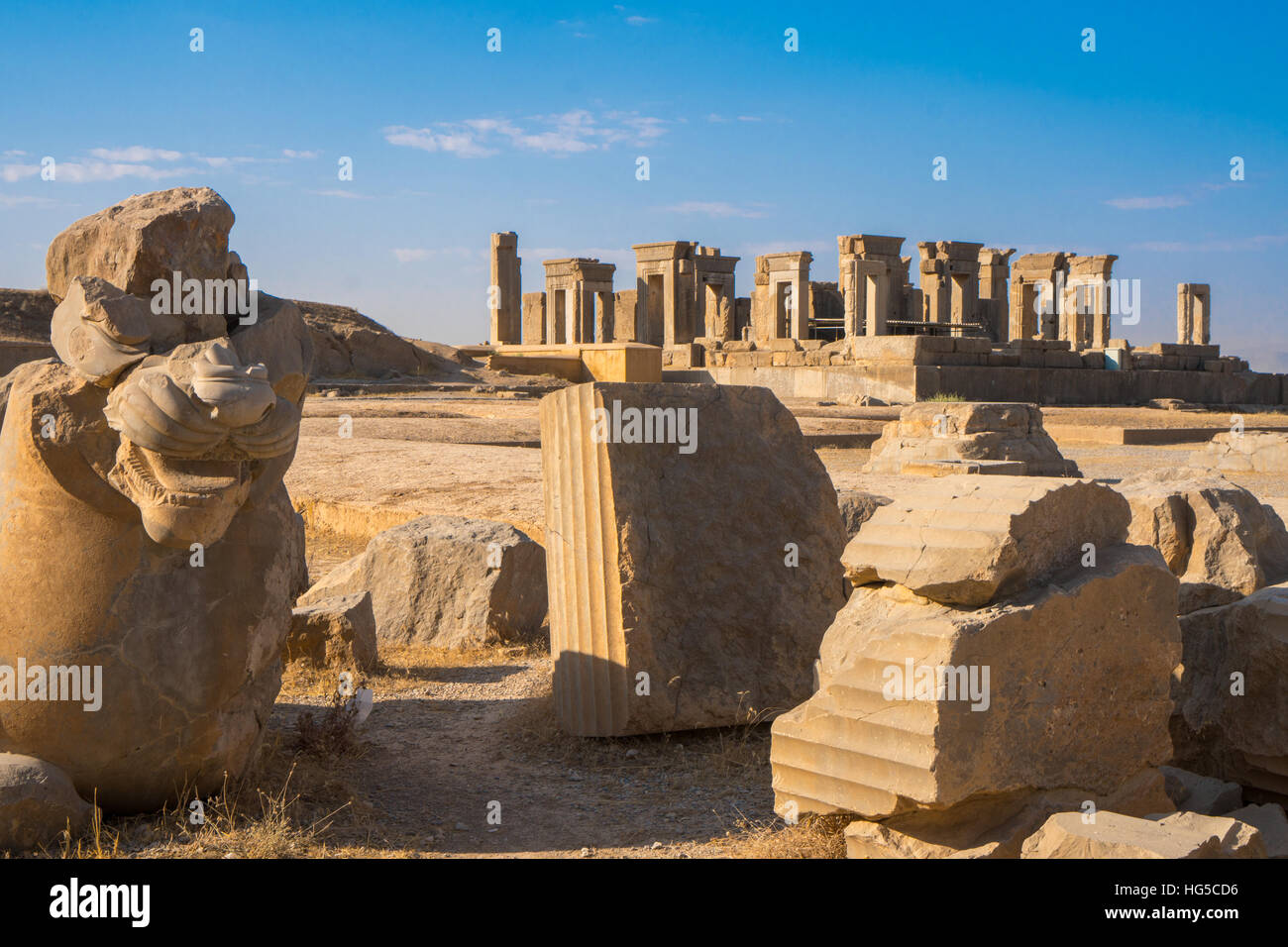 Broken bull column in foreground, Persepolis, UNESCO, Iran, Middle East ...