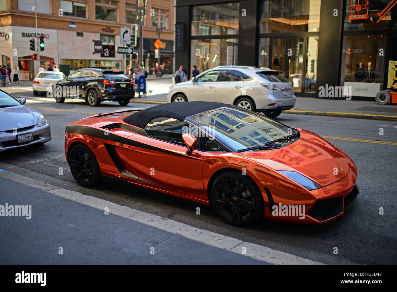 Bright colored Lamborghini parked in Union Square area, Financial ...