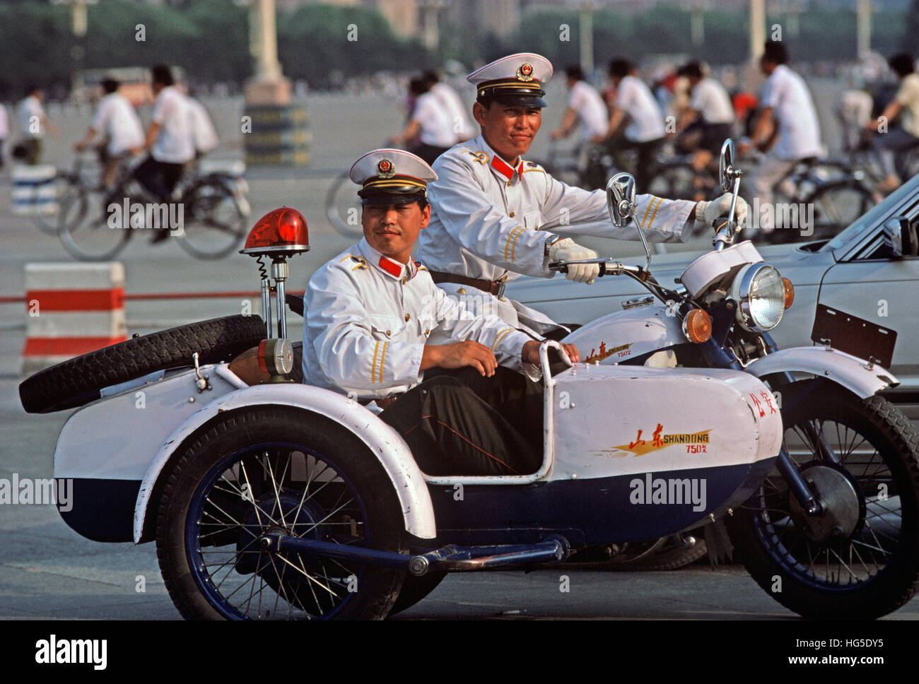 Chinese traffic police in motorcycle and sidecar, Tiananmen Square ...