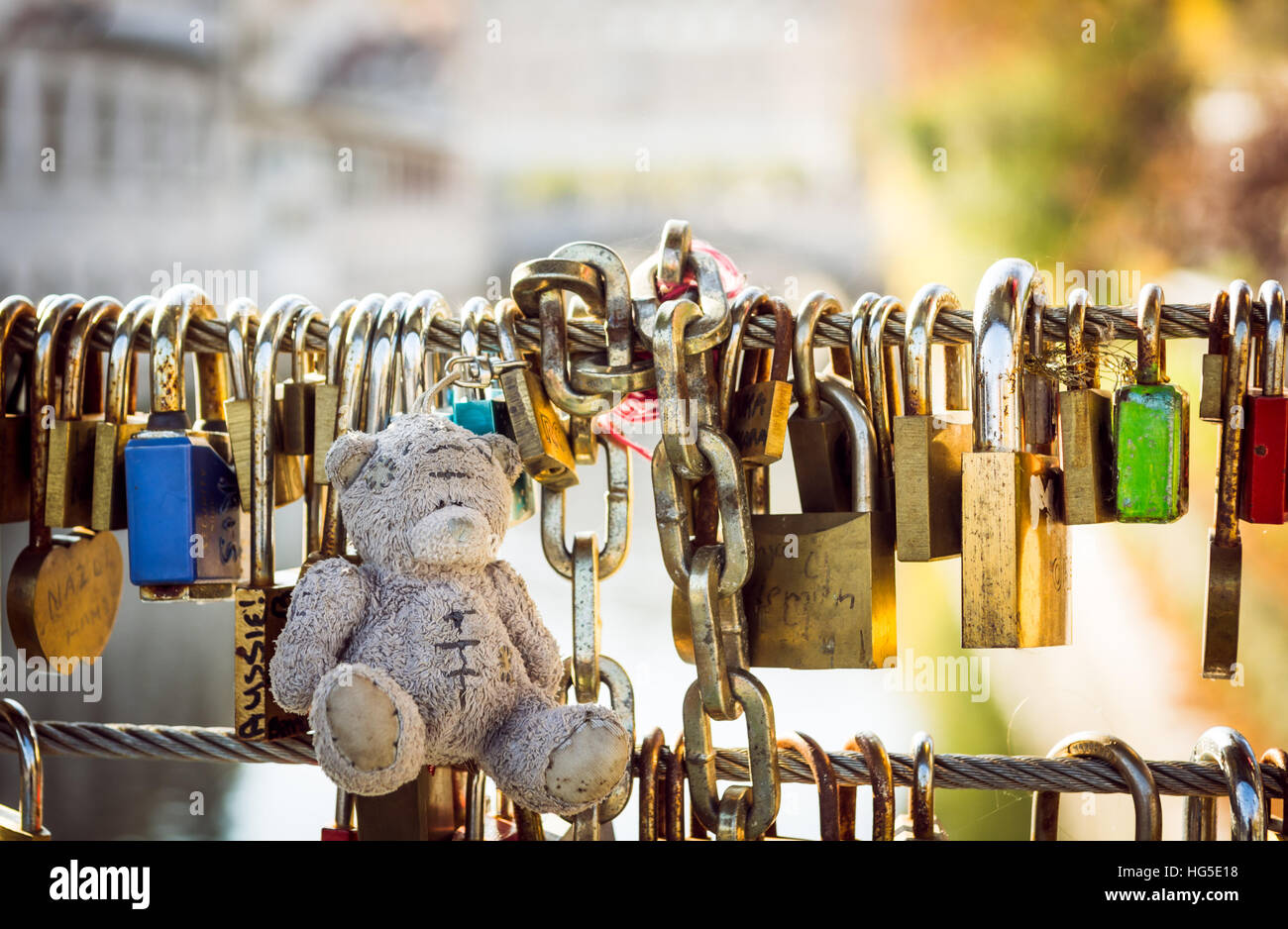 Teddy bear with love locks on a metal bridge Stock Photo - Alamy