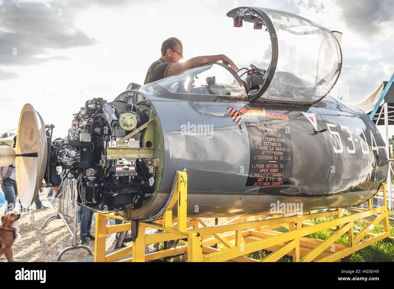Military jet plane cabin exposed for kids Stock Photo - Alamy