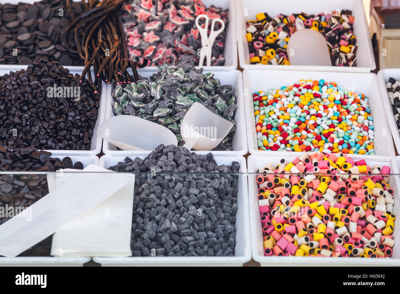 Italian assortment of sweets candy in white recipients Stock Photo - Alamy