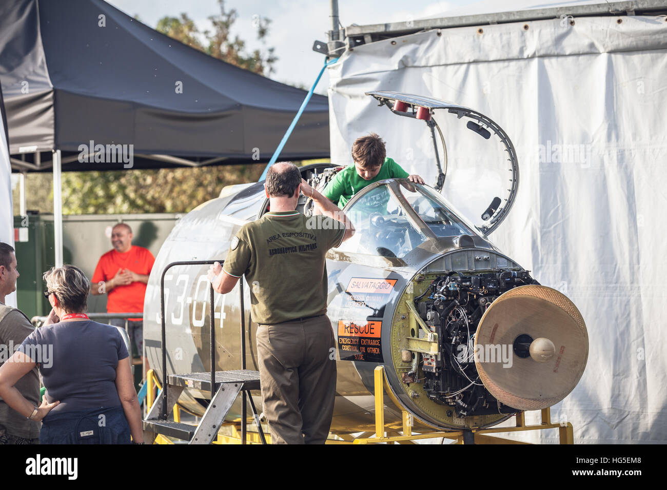 Military jet plane cabin exposed for kids Stock Photo - Alamy