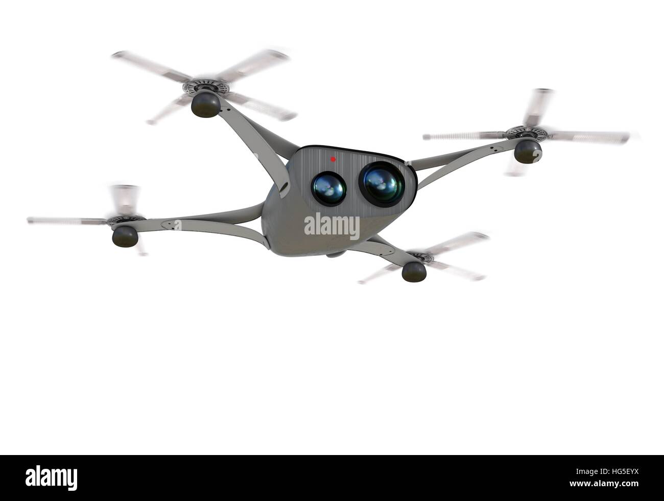 isolated modern camera drone in flight, front view of the futuristic ...