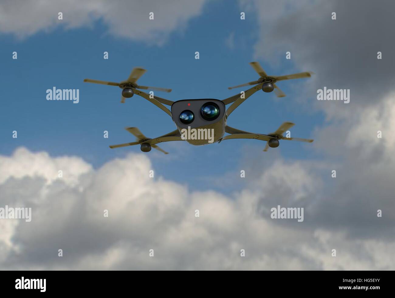 modern camera drone in flight, front view of the futuristic black ...