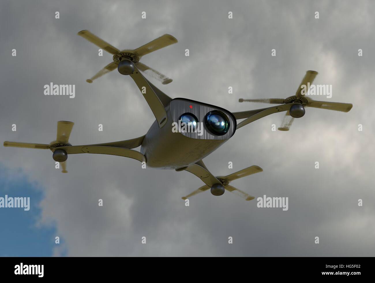 modern camera drone in flight, front view of the futuristic black ...