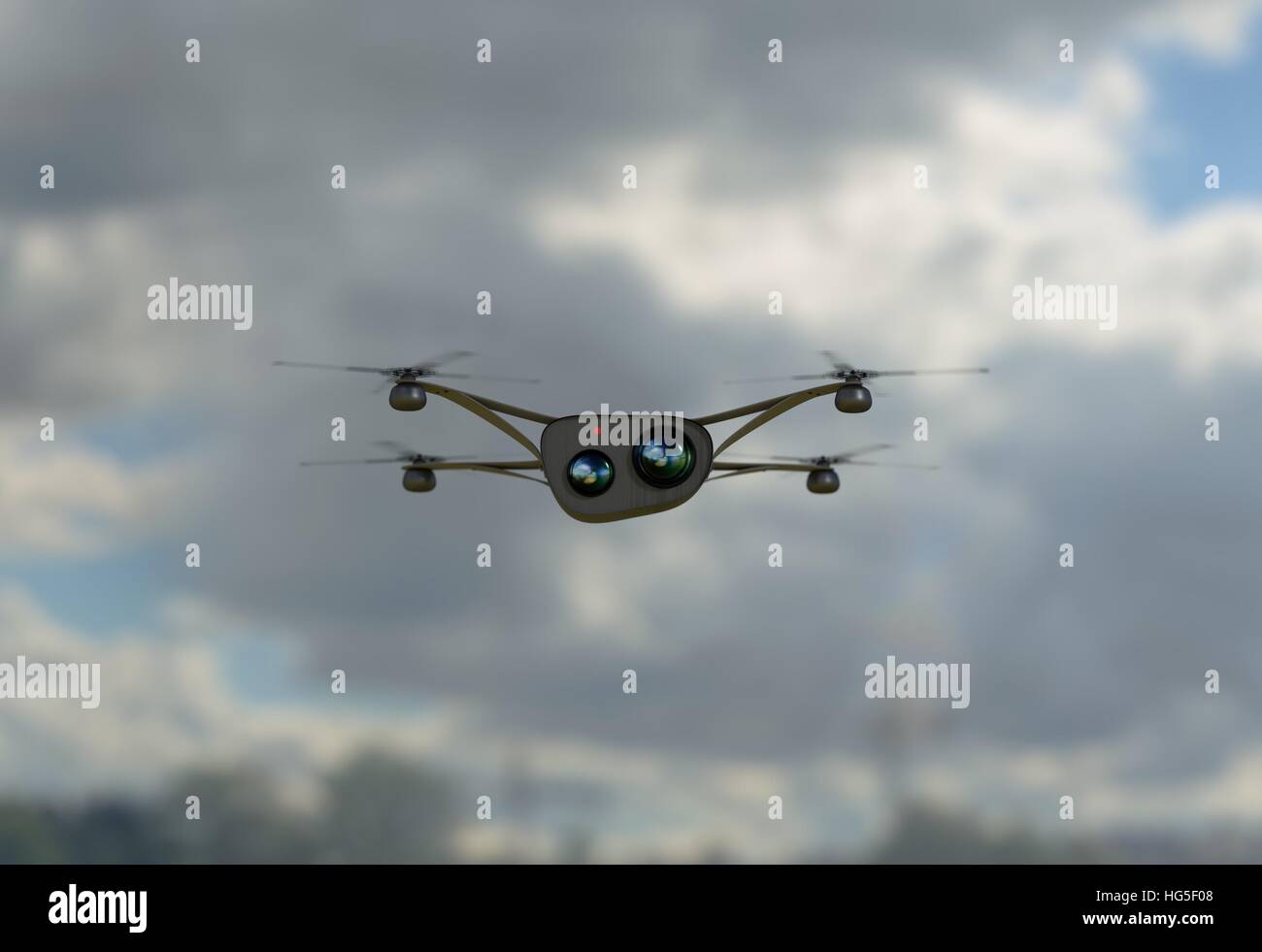 modern camera drone in flight, front view of the futuristic black ...