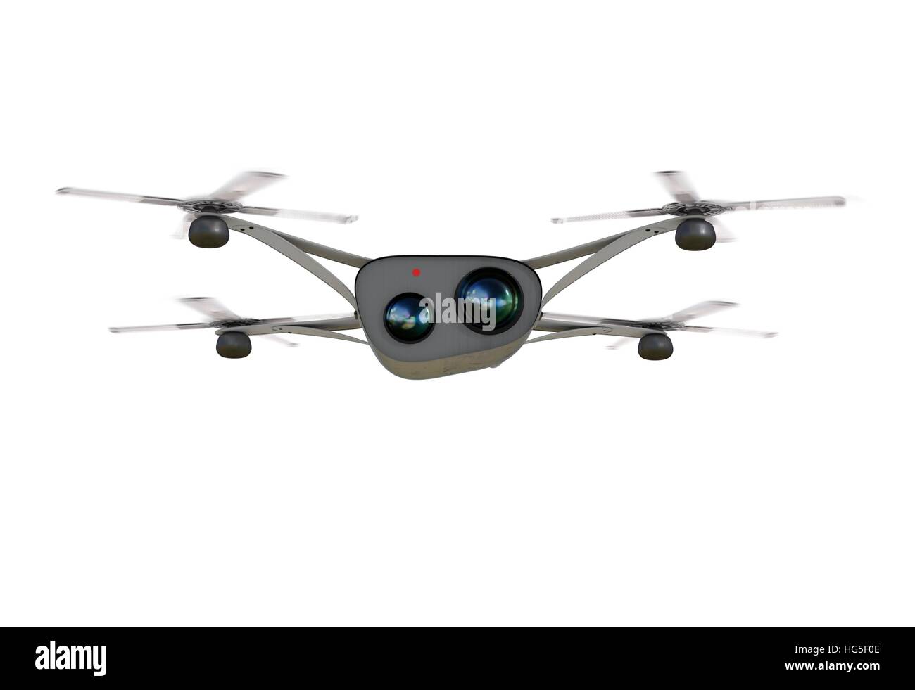 isolated modern camera drone in flight, front view of the futuristic ...