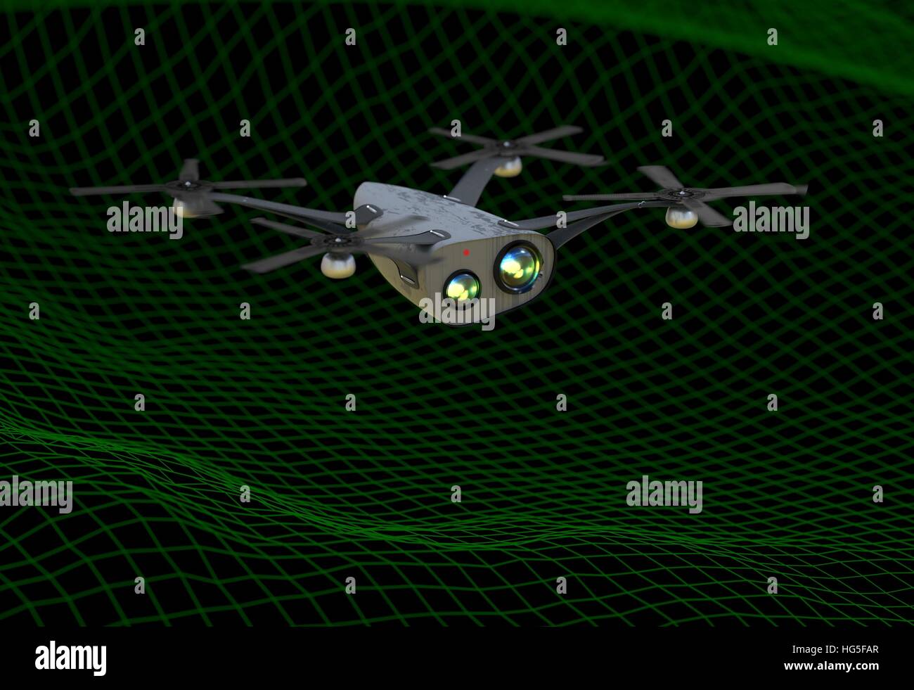 Realistic copter with cameras flying over virtual landscape 3d ...