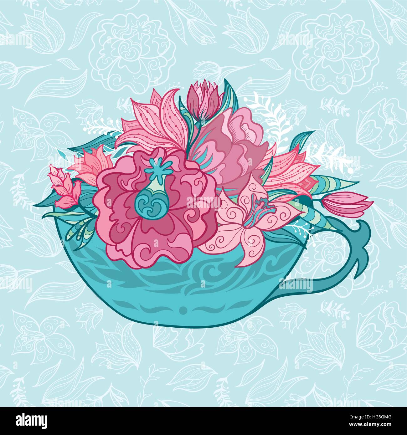 Creative fresh hand painted outline sketch floral card in turquoise and ...