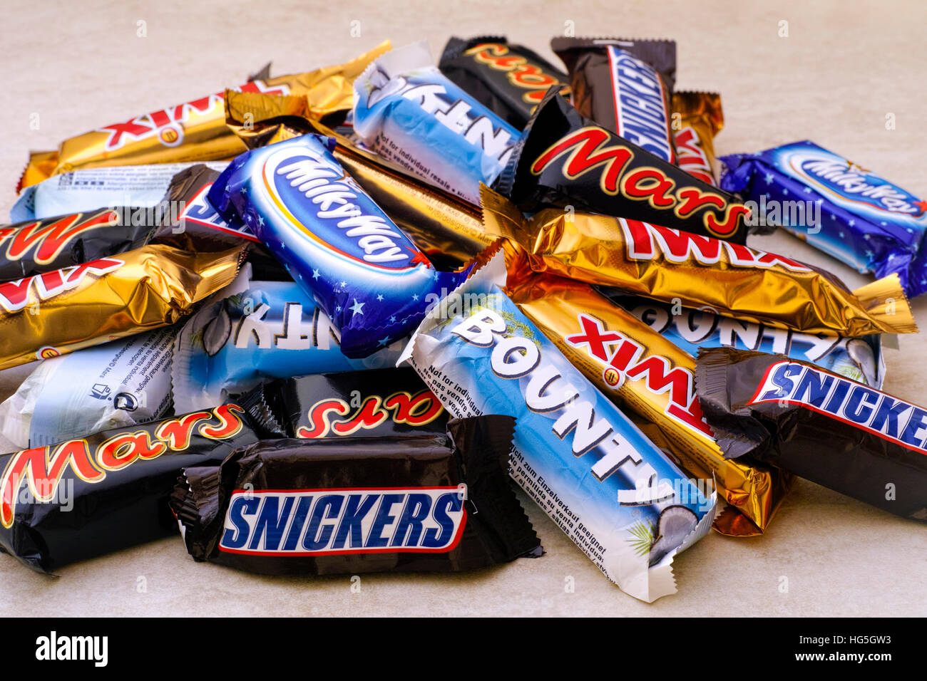 Paphos, Cyprus - November 18, 2016 Heap of Mars, Snickers, Milky Way ...