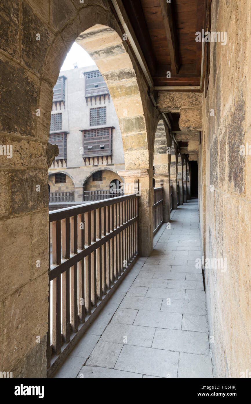 Arch with wooden balustrades, caravansary (Wikala) of Bazaraa, Cairo ...
