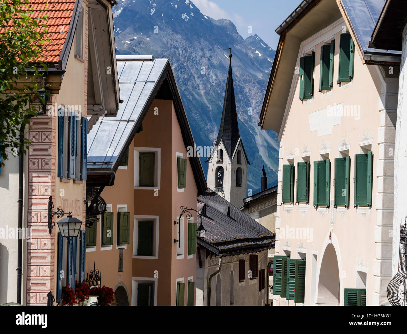 Traditional village Guarda, valley of river Inn, Engadin, Switzerland ...