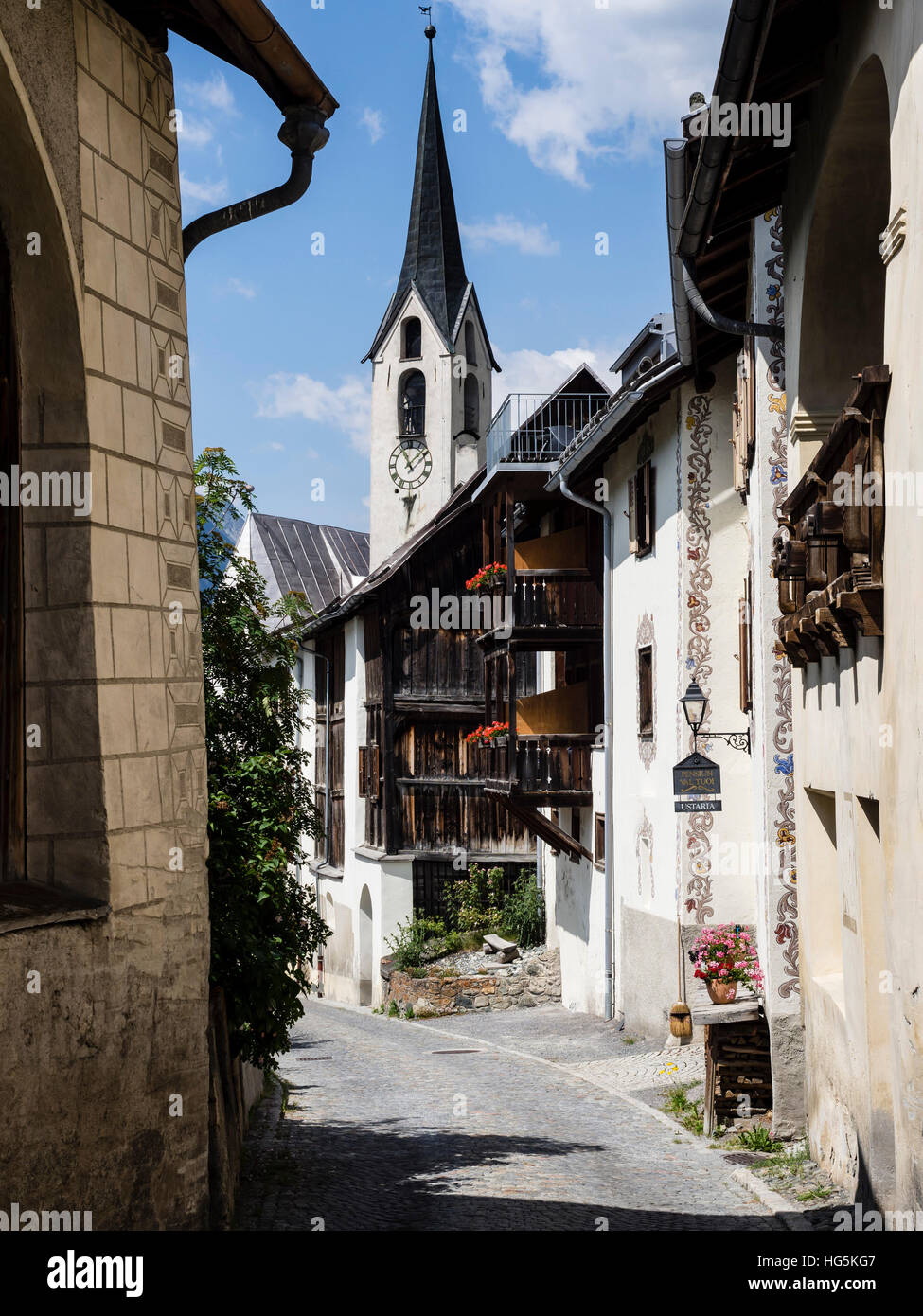 Traditional village Guarda, valley of river Inn, Engadin, Switzerland ...