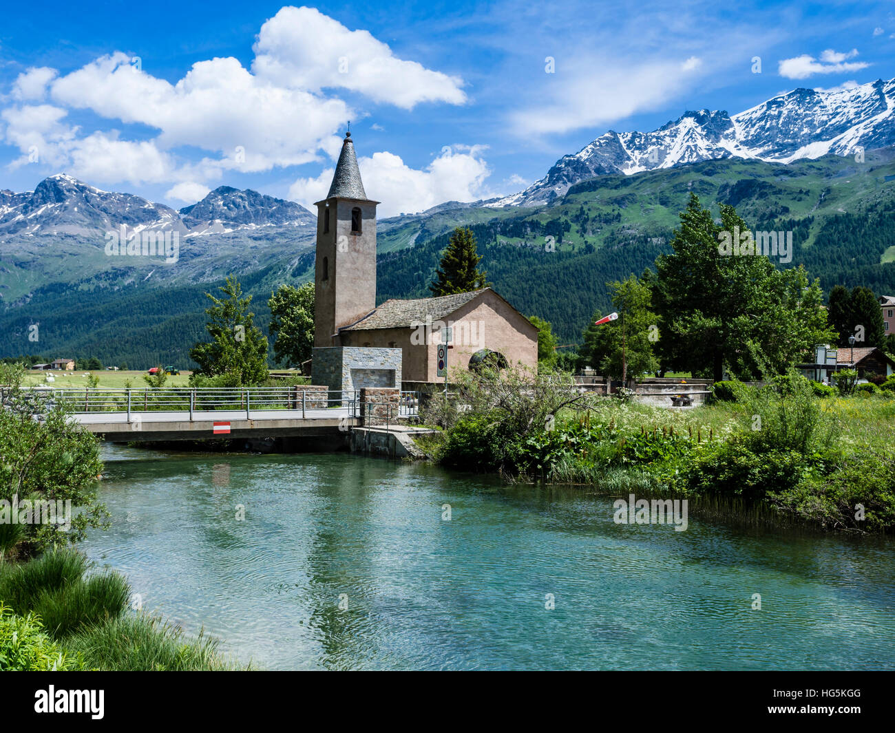 Church of Sils at river Inn, located at Inn cycle route, Engadin ...