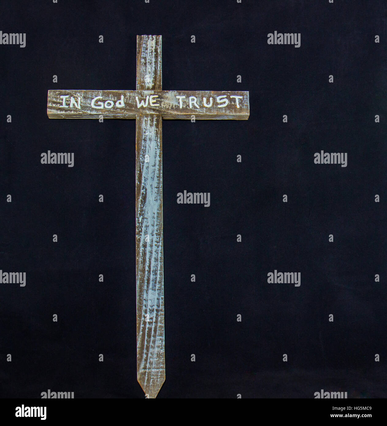 Weathered Wood Cross With In God We Trust Description Stock Photo - Alamy