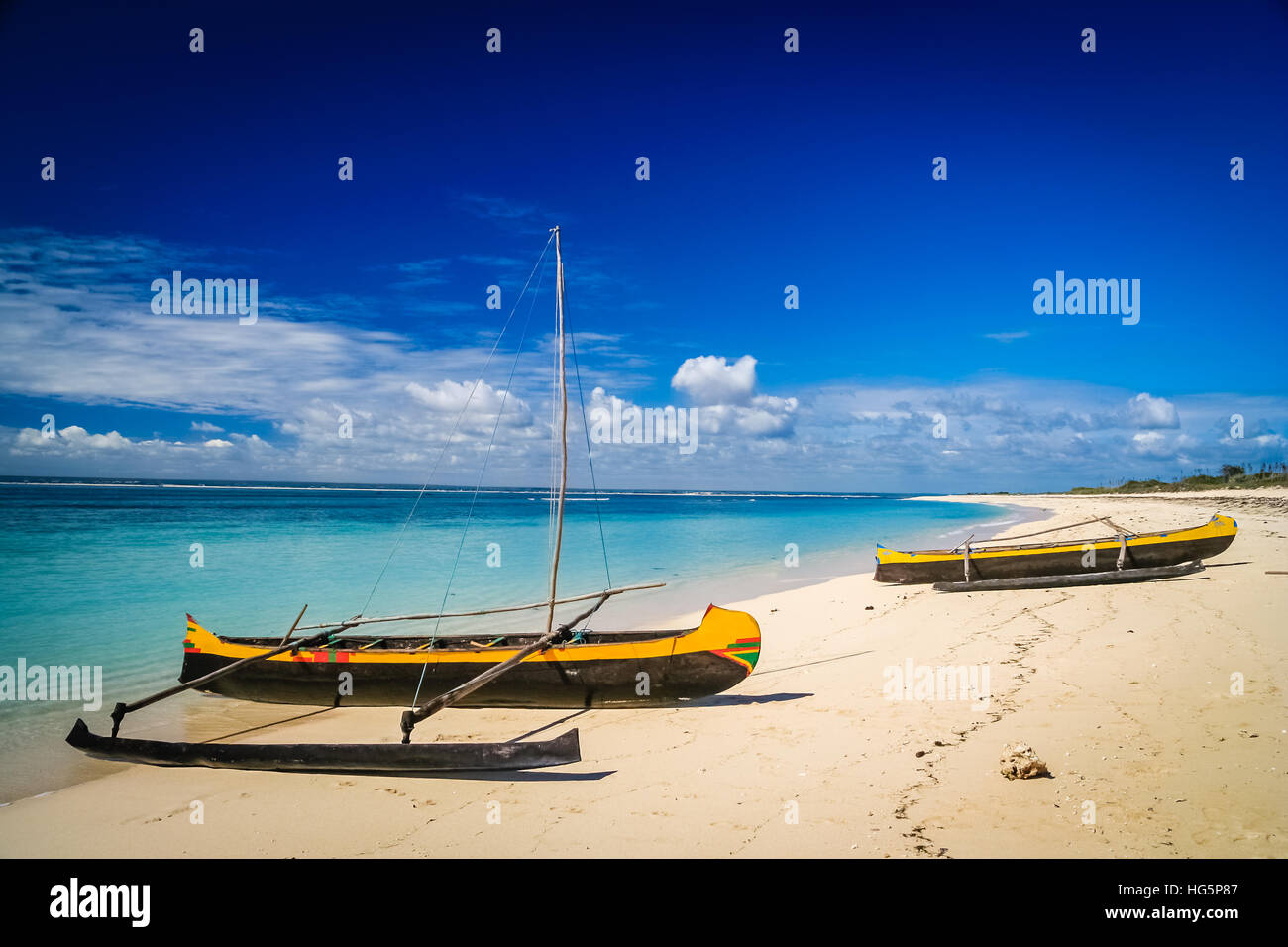 Small traditional pirogue on the shore of Nosy Ve island in Madagascar ...