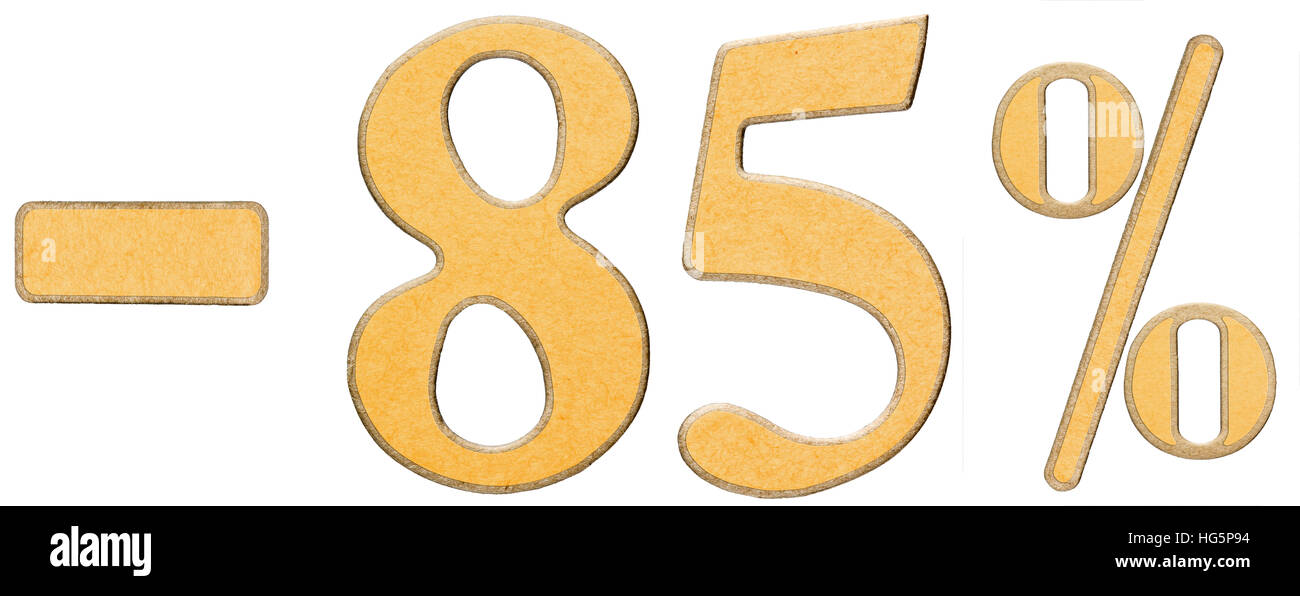 Percent off. Discount. Minus 85 eighty five percent, numerals isolated ...
