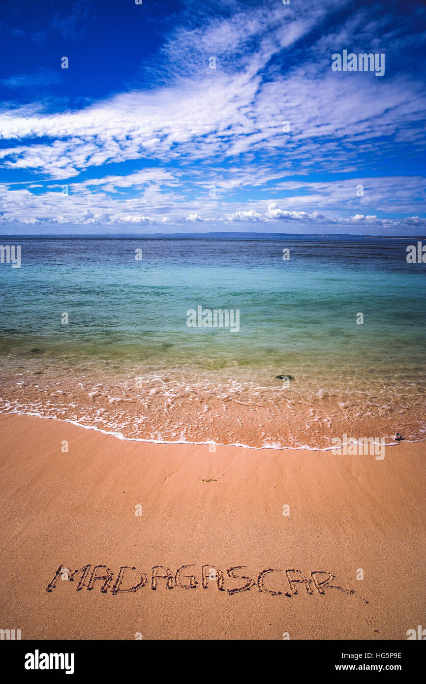 Word Madagascar written on a sand near fishing village Anakao Stock ...