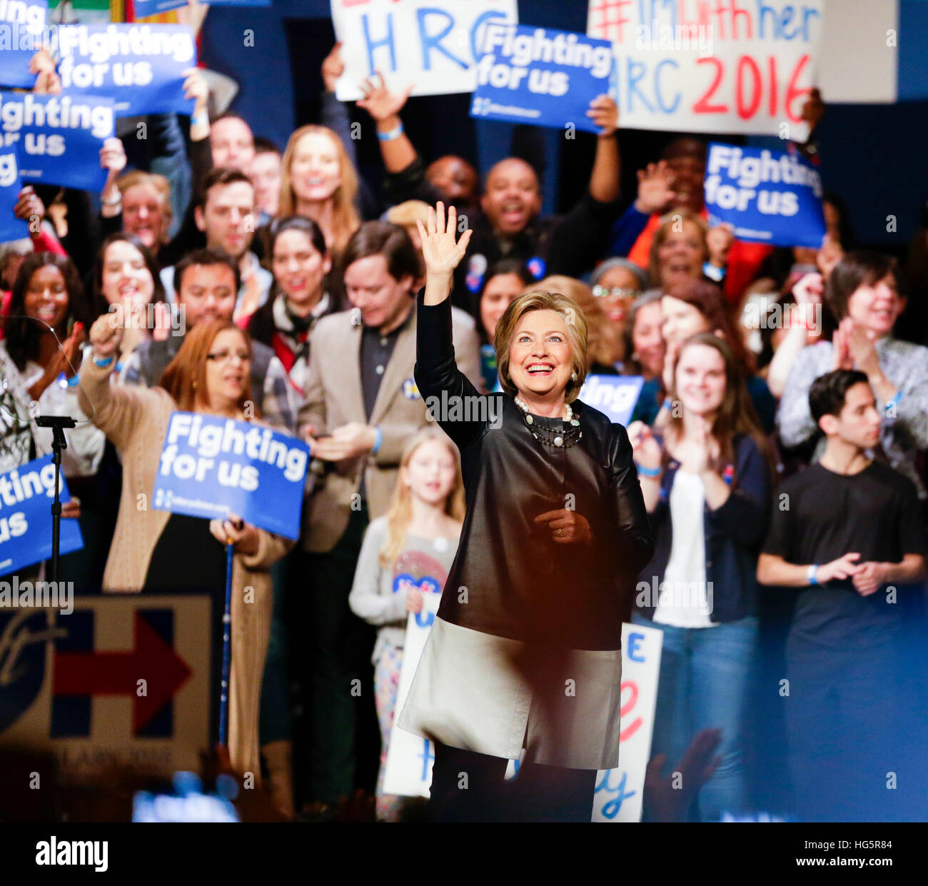 Democratic presidential candidate Hillary Clinton waving to the crowd ...