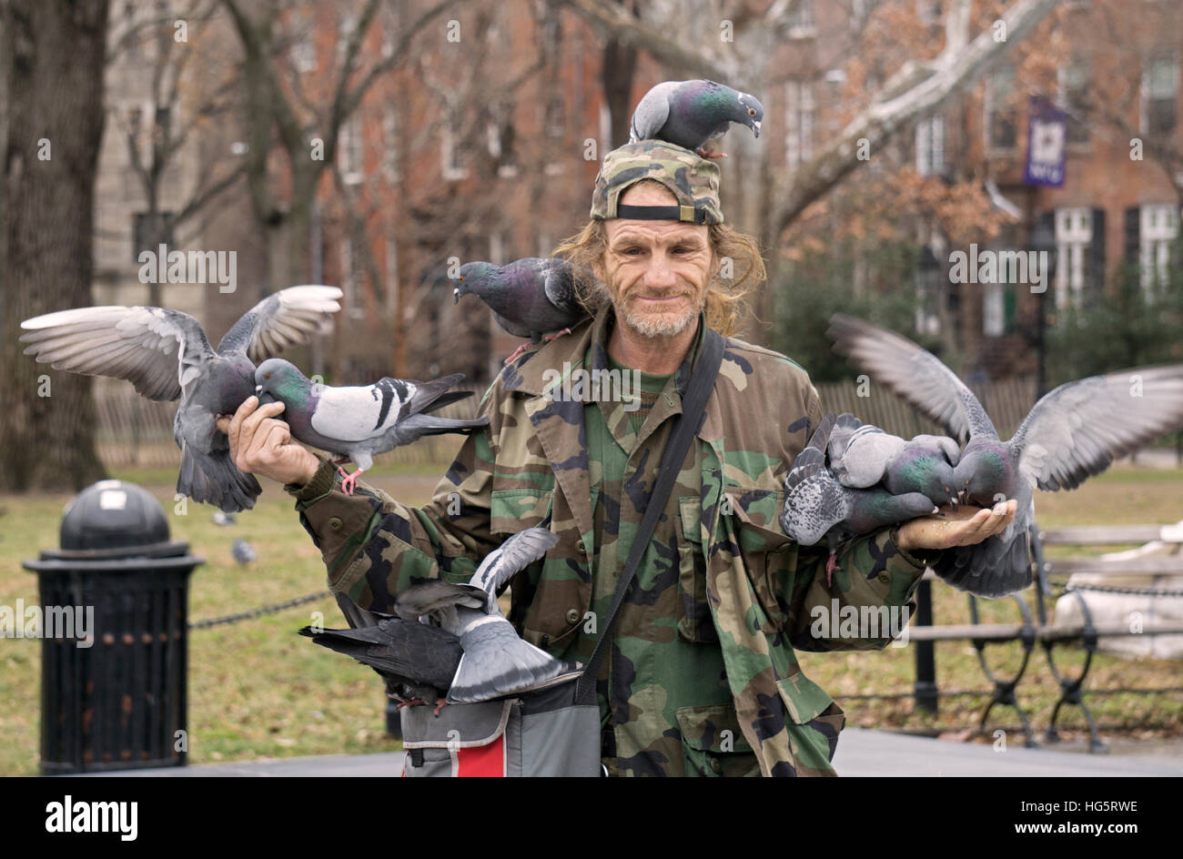 Portrait of Larry the birdman who feeds pigeons in Washington Square ...