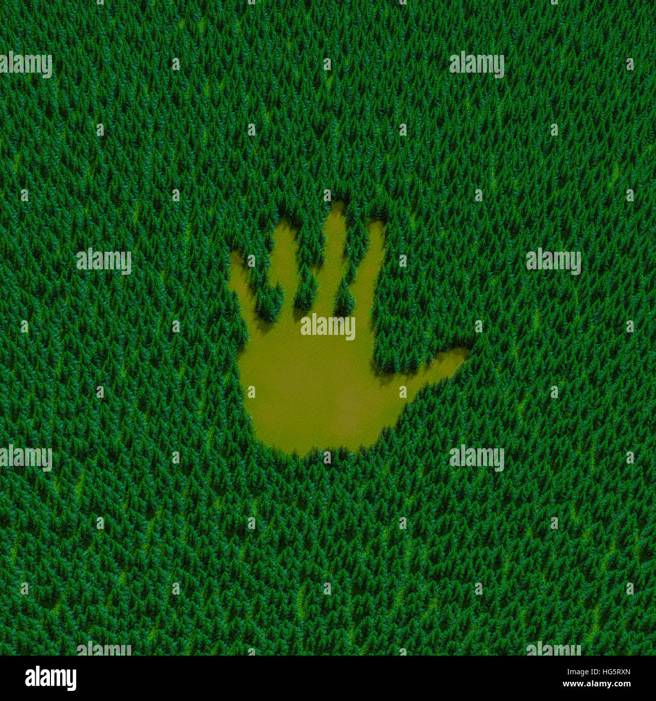 Forest hand print / 3D illustration of hand shaped clearing in ...