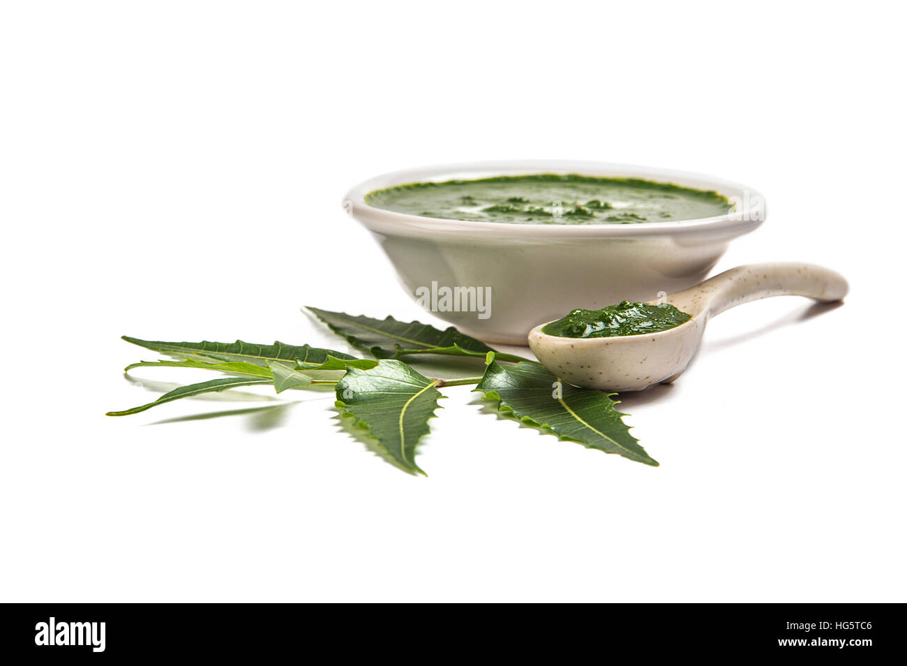 Medicinal Neem leaves with neem paste in spoon and plate on white ...