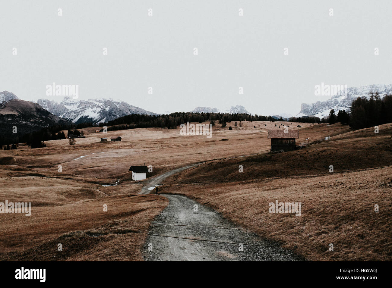 A path is leading through a field between mountain ranges with a few ...