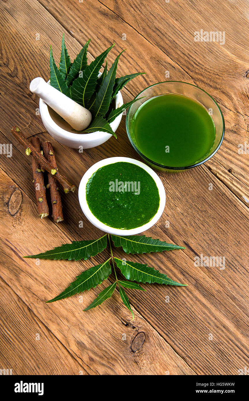 Medicinal Neem leaves in mortar and pestle with neem paste, juice and ...