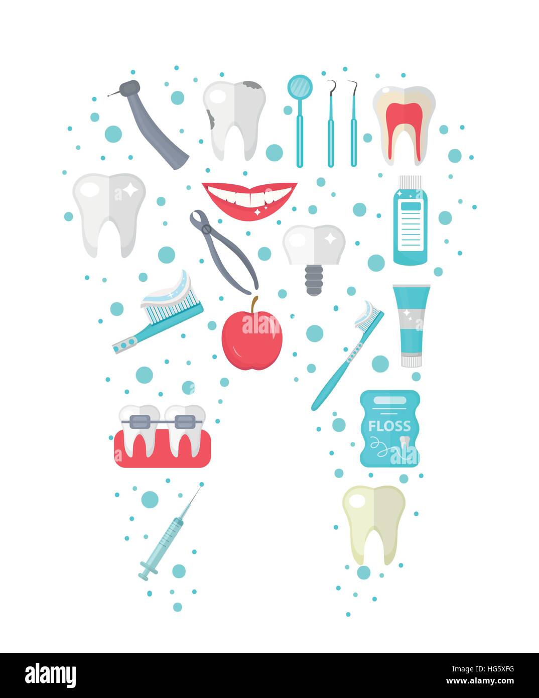 Dental icon set in tooth form, flat style. Stomatology kit isolated on ...