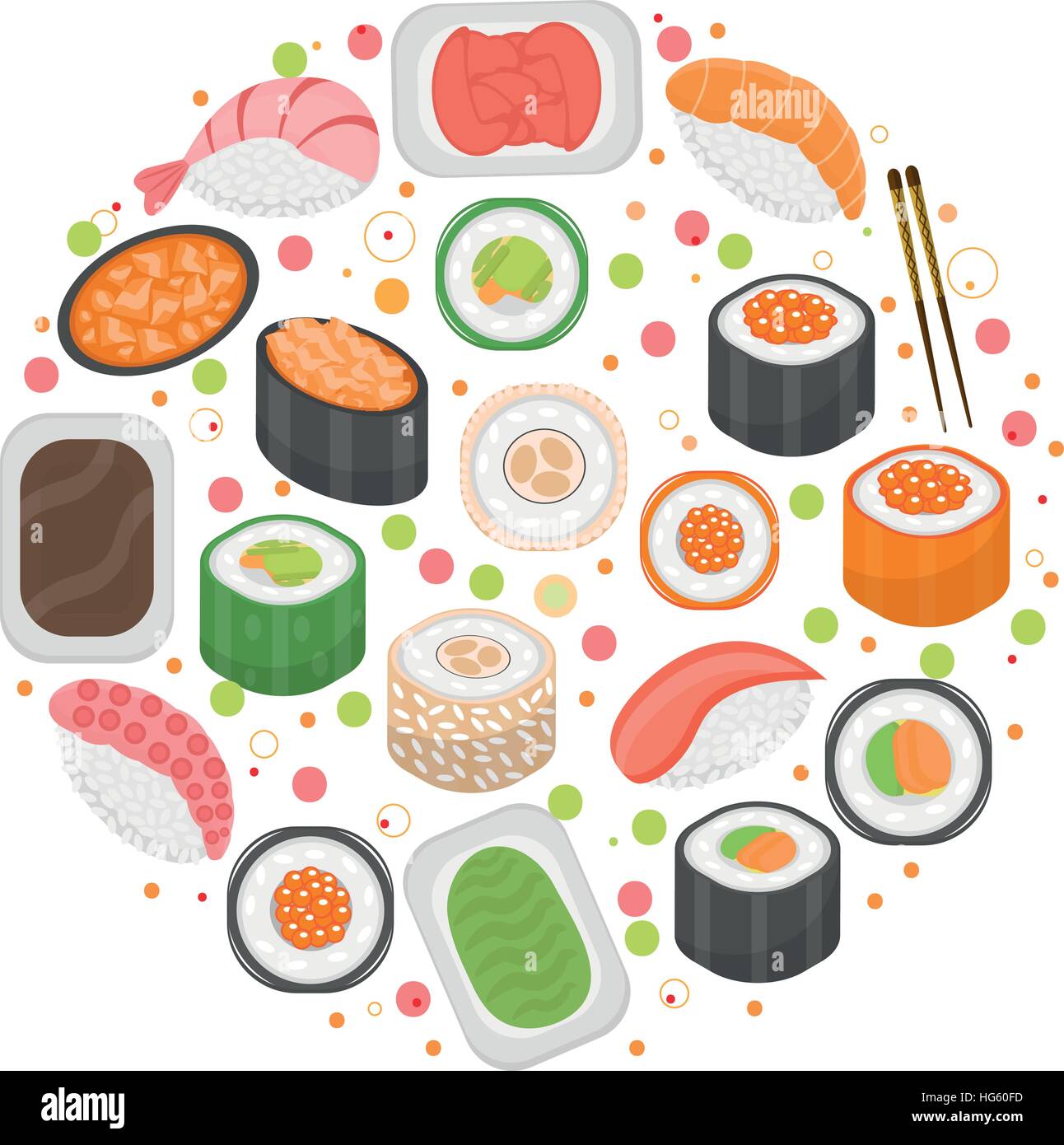 Sushi set icons, in round shape, flat style. Japanese cuisine isolated ...