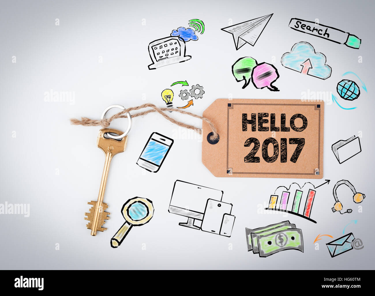 Hello 2017. Key and a note on a white background Stock Photo - Alamy