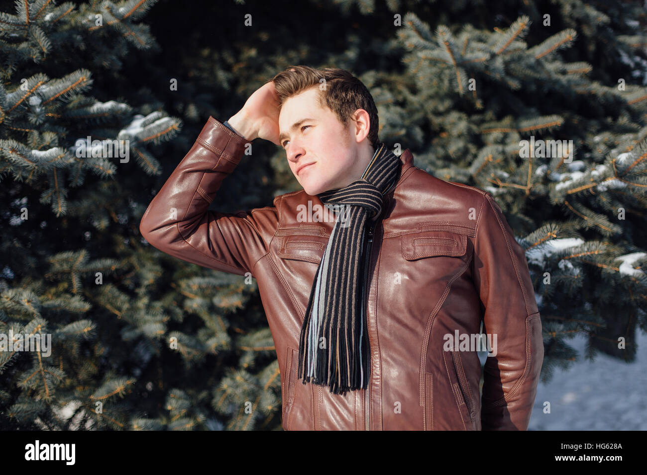 Man's handsome face with style hair in winter sunny day Stock Photo - Alamy