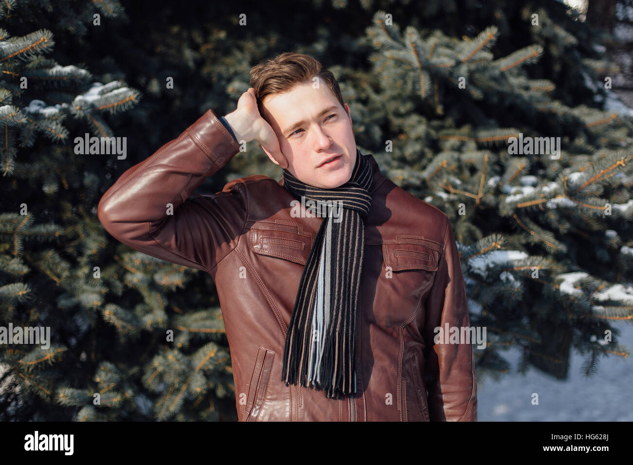 Man's handsome face with style hair in winter sunny day Stock Photo - Alamy
