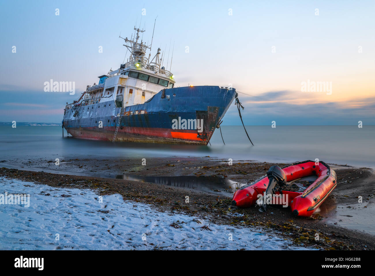 Aground scientific ship is waiting for rescue, Sakhalin island, Russia ...