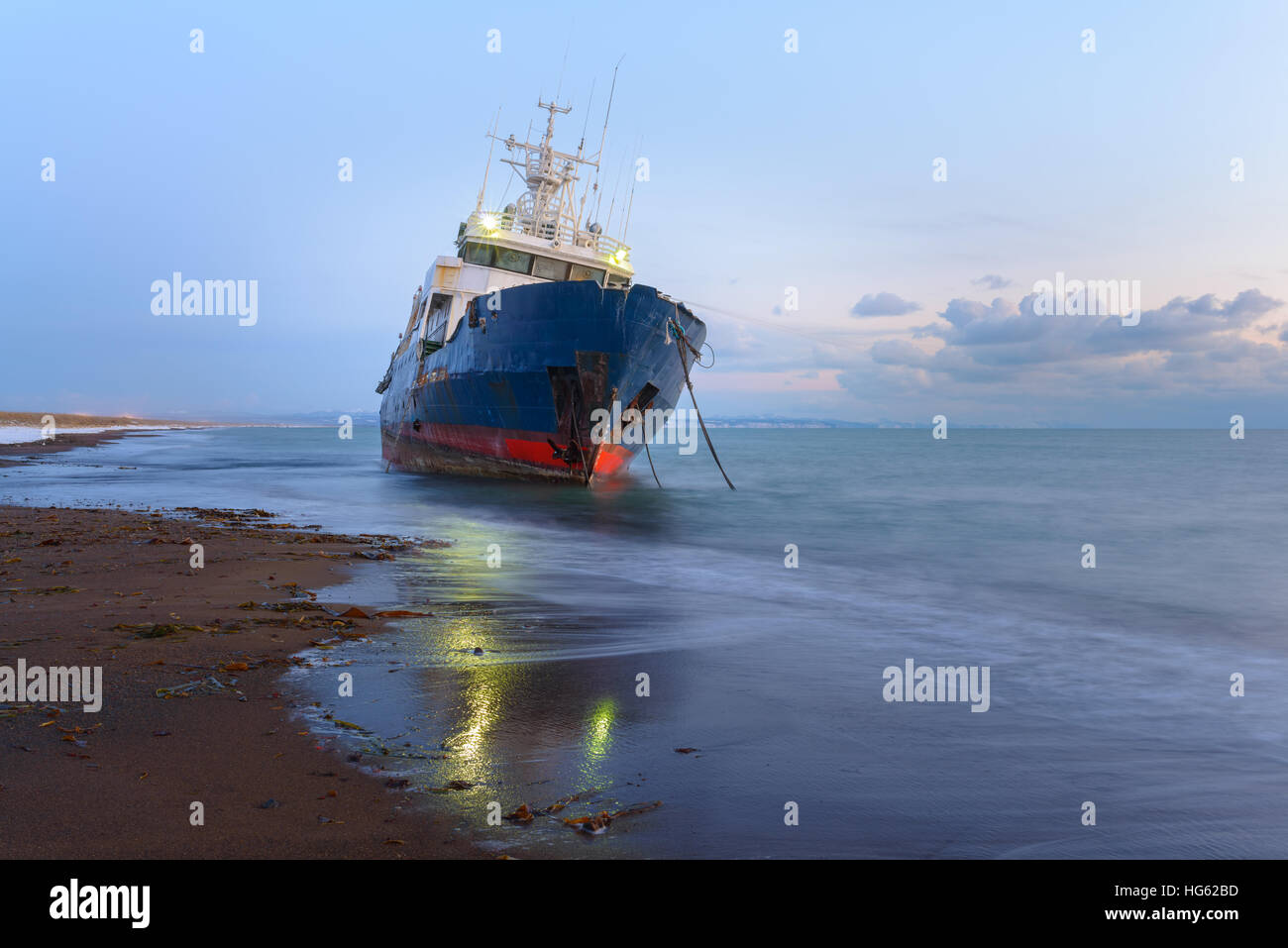 Aground scientific ship is waiting for rescue, Sakhalin island, Russia ...