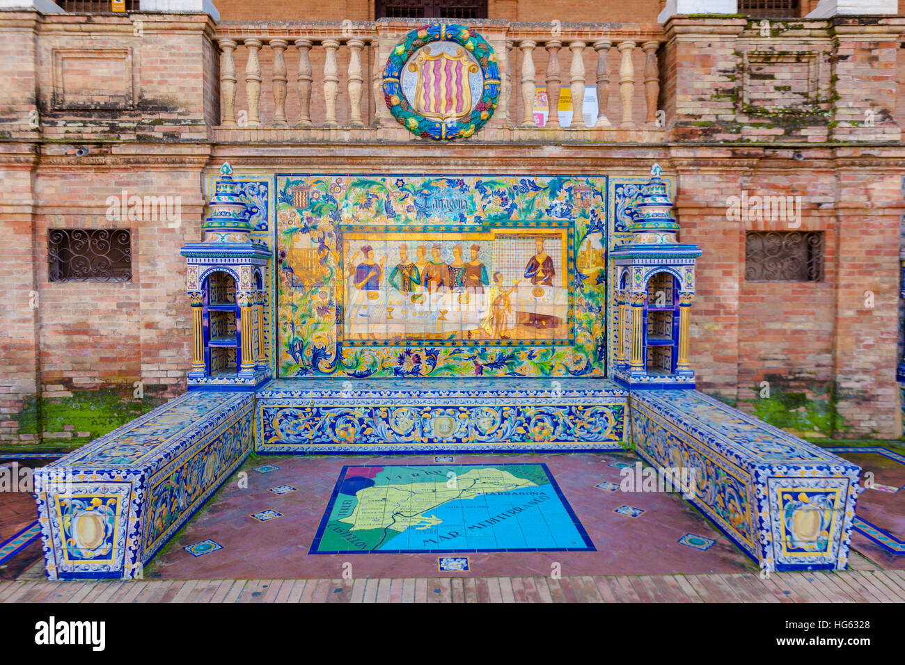 Glazed tiles bench of spanish province of Tarragona at Plaza de Espana ...