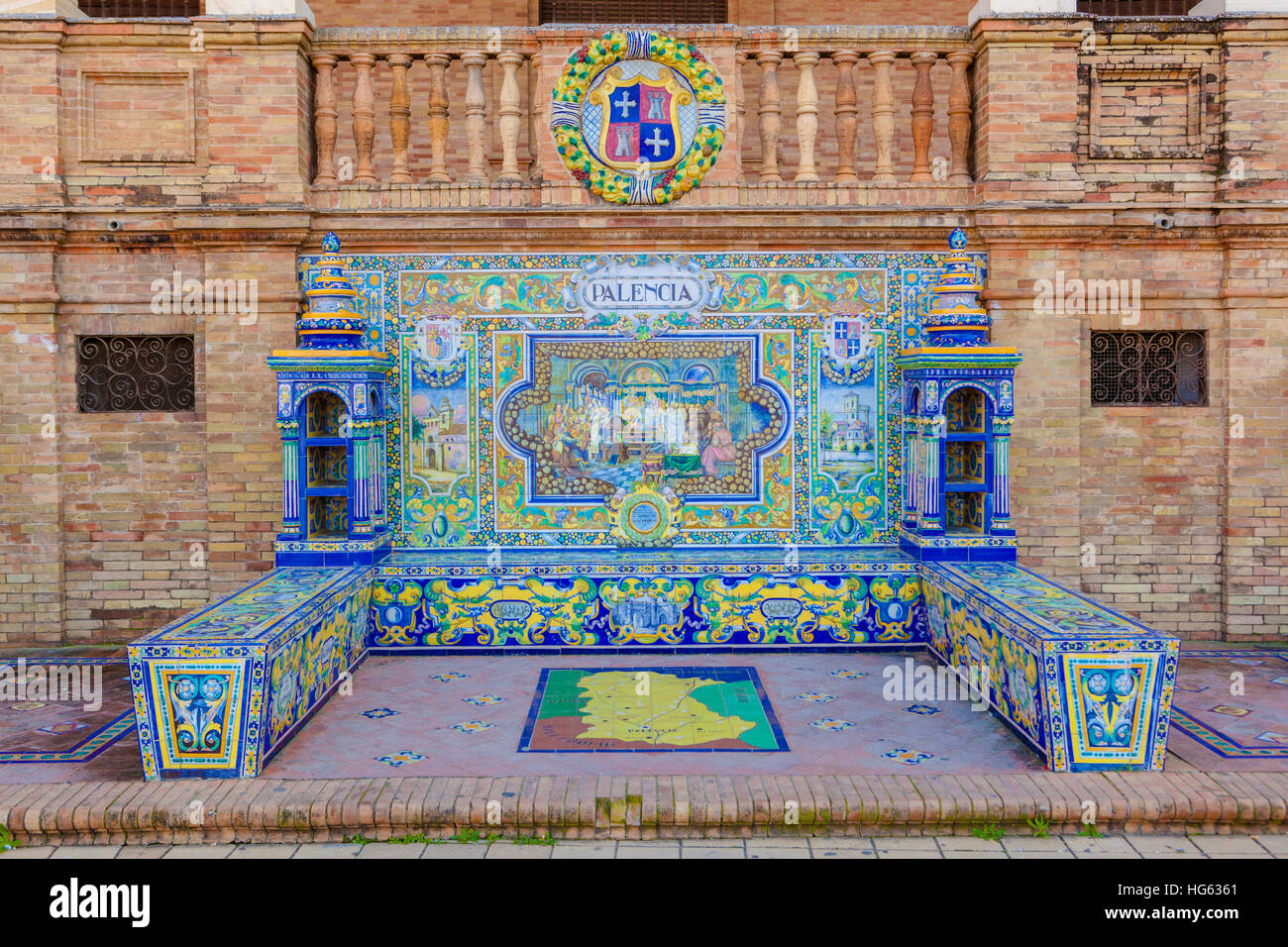 Glazed tiles bench of spanish province of Palencia at Plaza de Espana ...