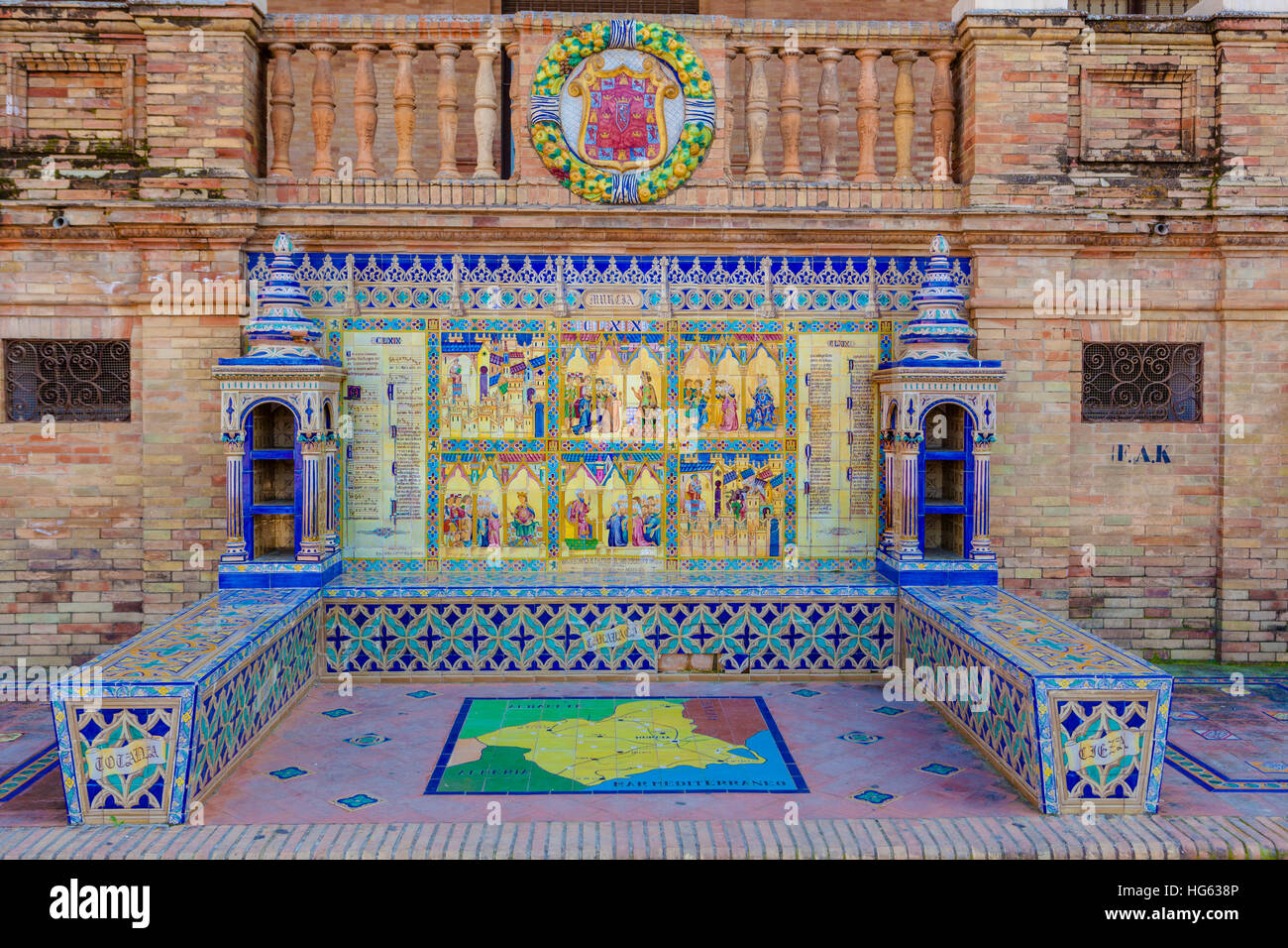 Glazed tiles bench of spanish province of Murcia at Plaza de Espana ...