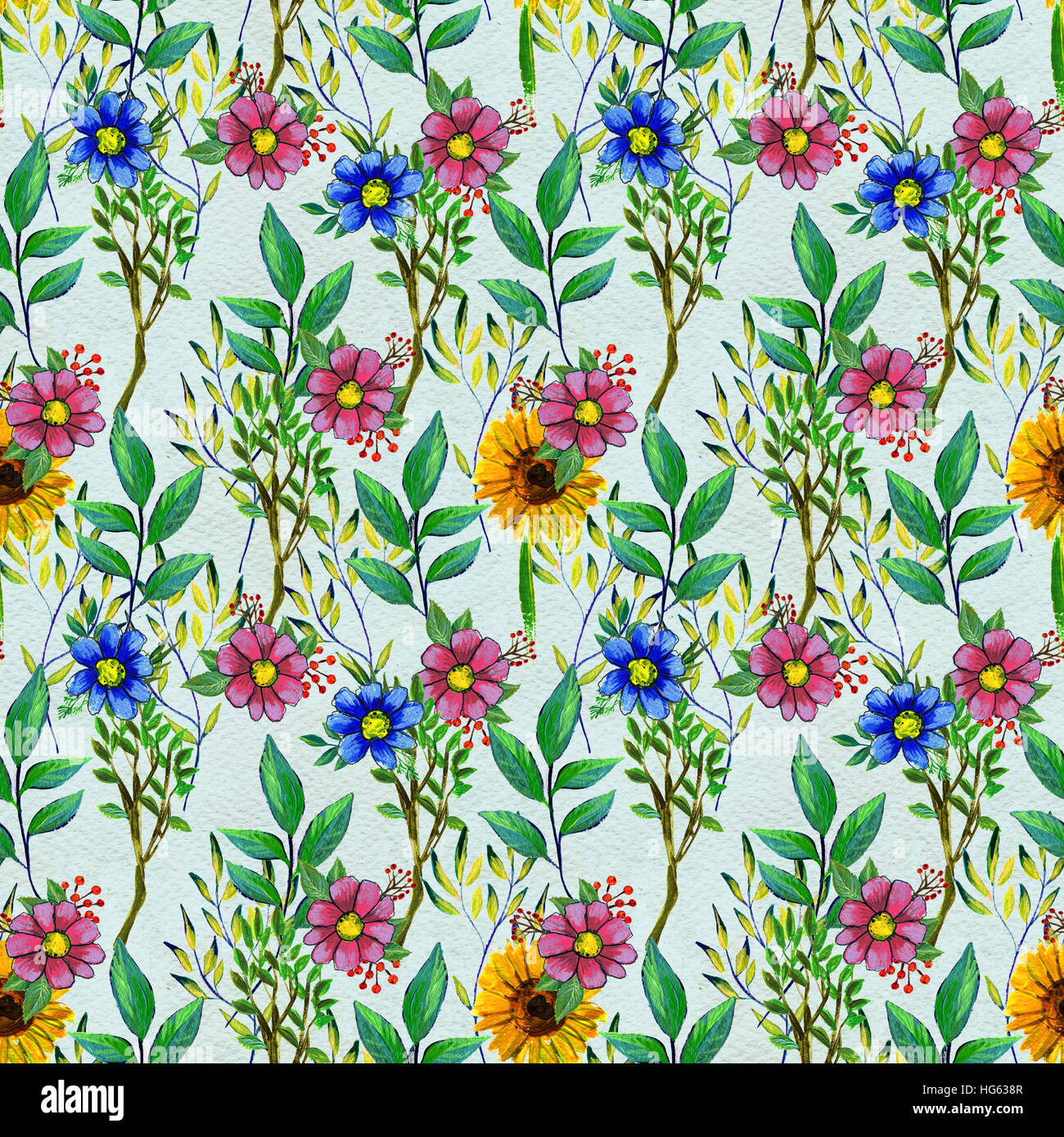 Seamless pattern with blue yellow and pink flowers Stock Photo - Alamy