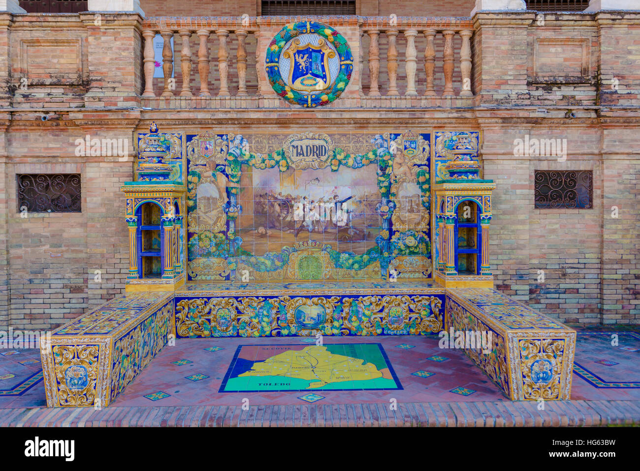 Glazed tiles bench of spanish province of Madrid at Plaza de Espana ...