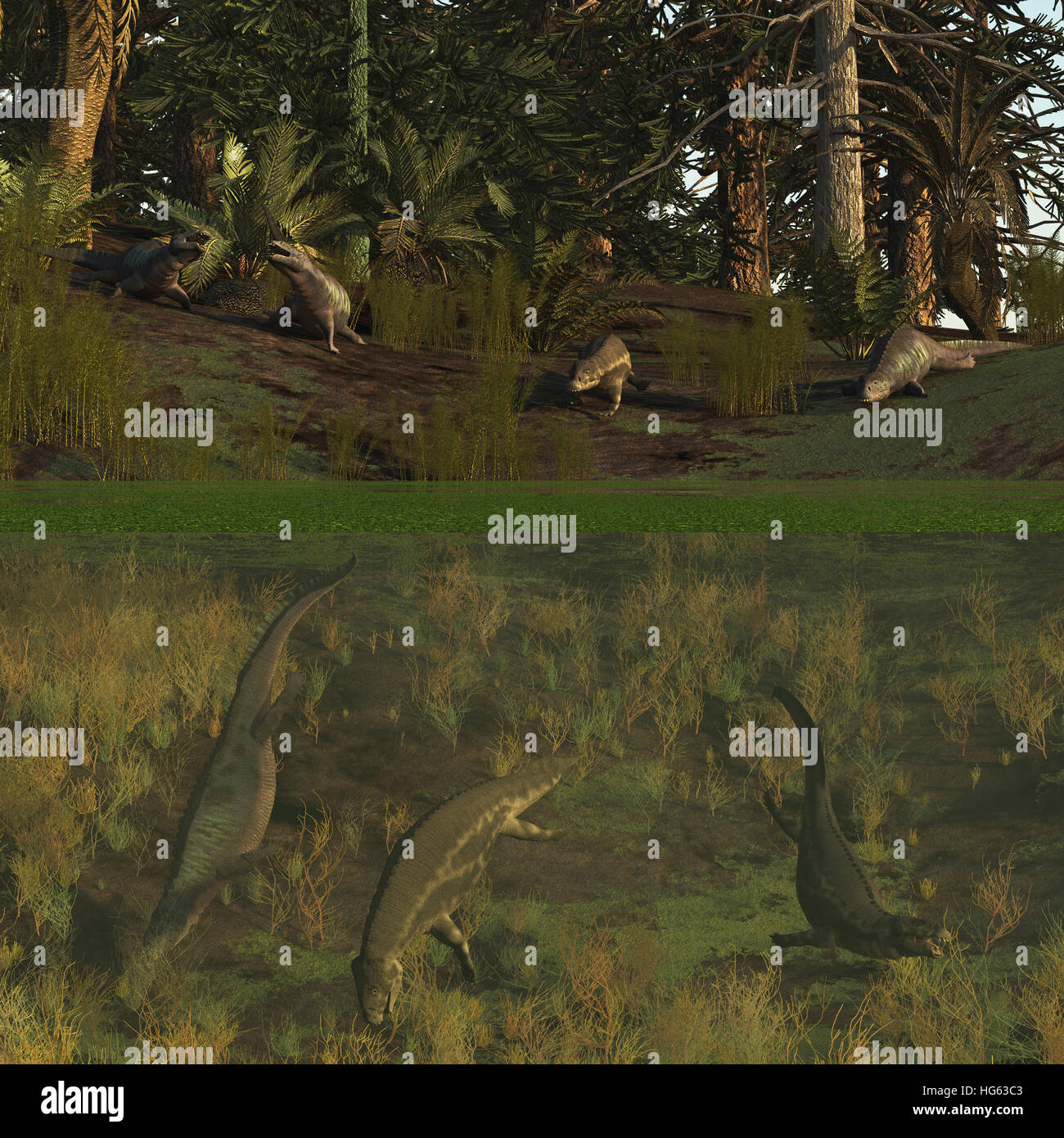 Placodus reptiles rest on shore and dive for food in the Triassic ...