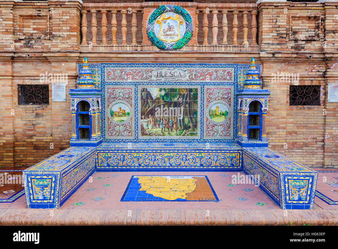 Glazed tiles bench of spanish province of Huesca at Plaza de Espana ...