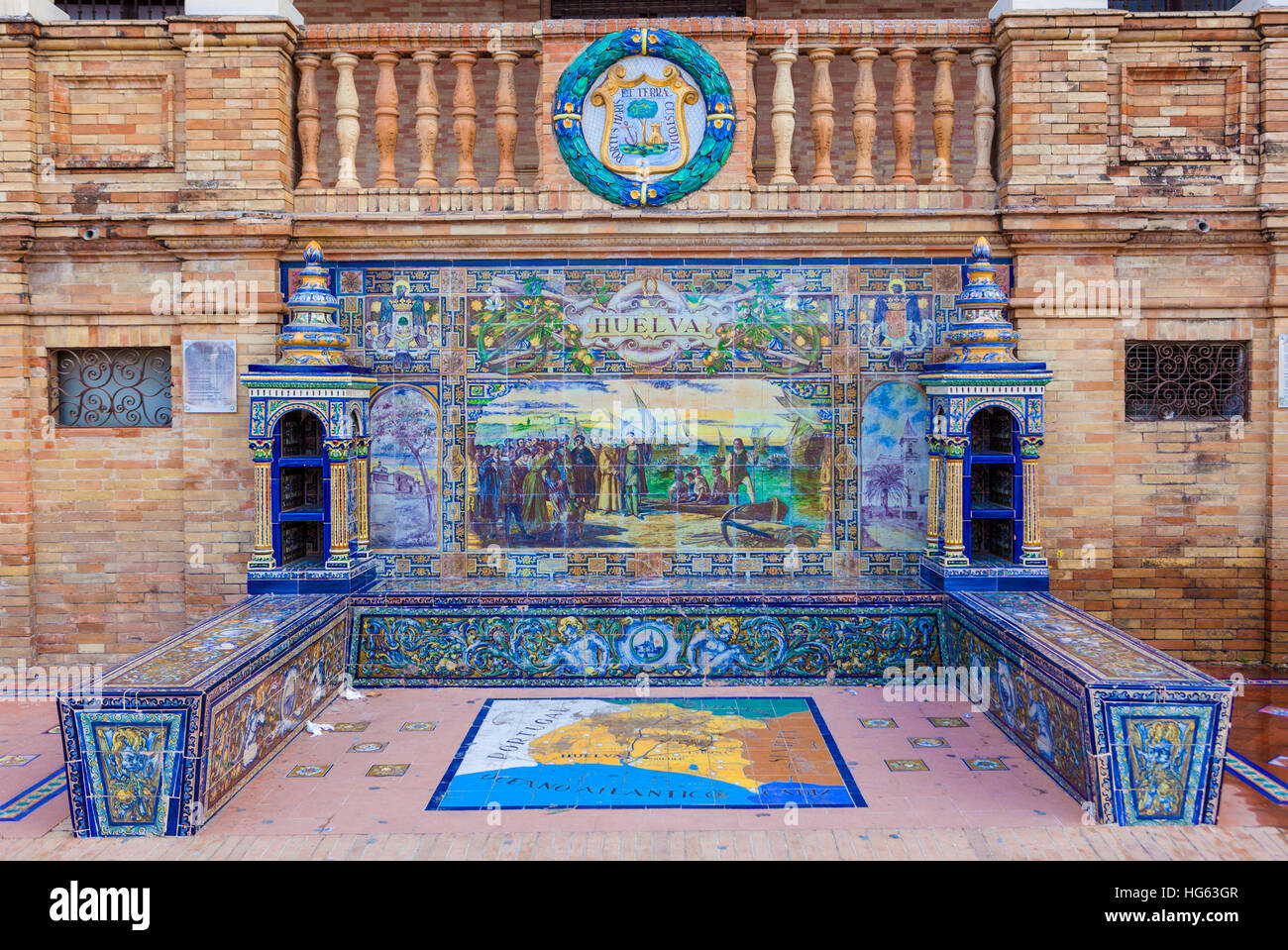 Glazed tiles bench of spanish province of Huelva at Plaza de Espana ...