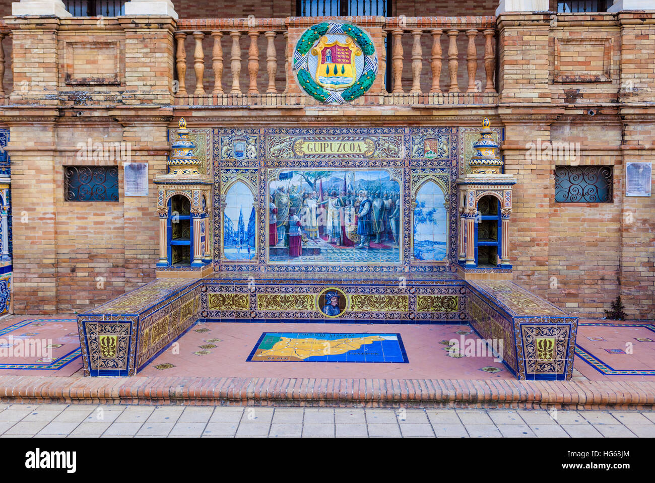 Glazed tiles bench of spanish province of Guipuzcoa at Plaza de Espana ...